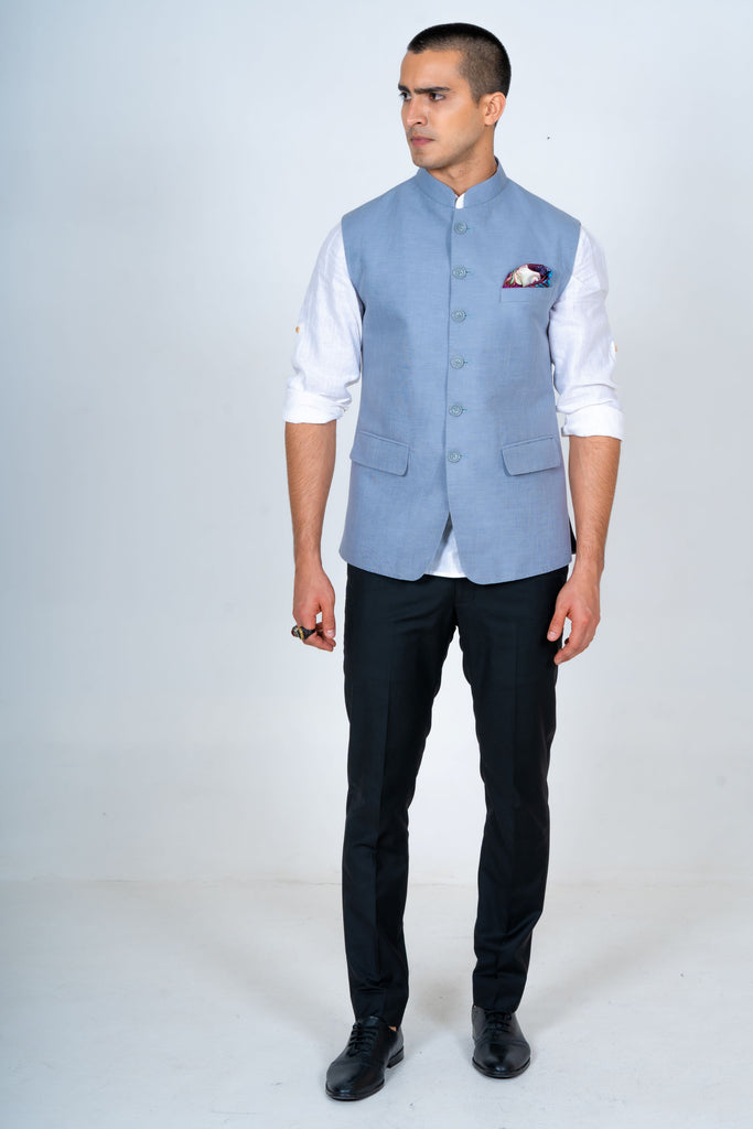 Sky Blue Linen Nehru Jacket – Minizmo