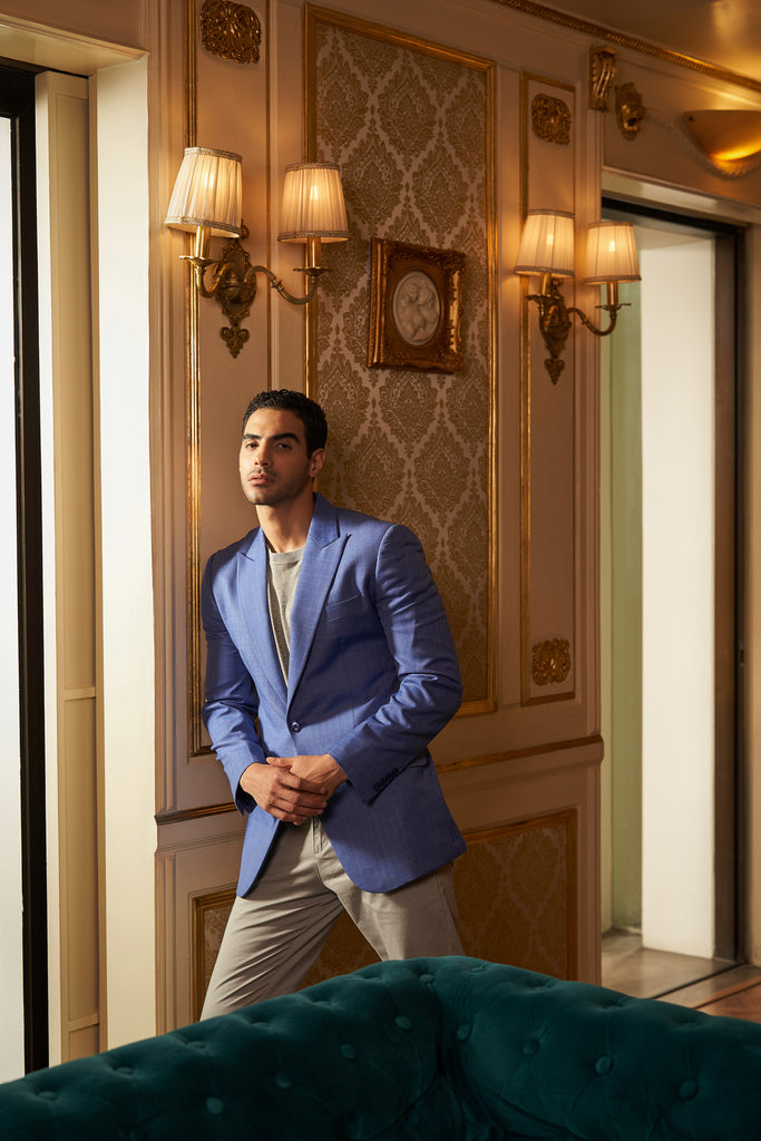 Powder Blue Jacket With Grey Checks – Minizmo